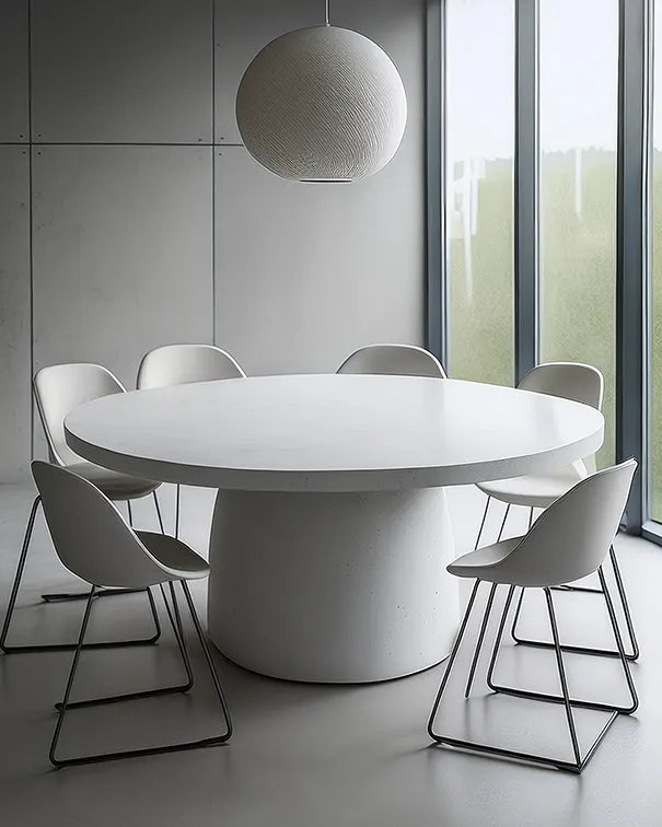 Medium Round Concrete Dining Table in White with Cone Concrete Base