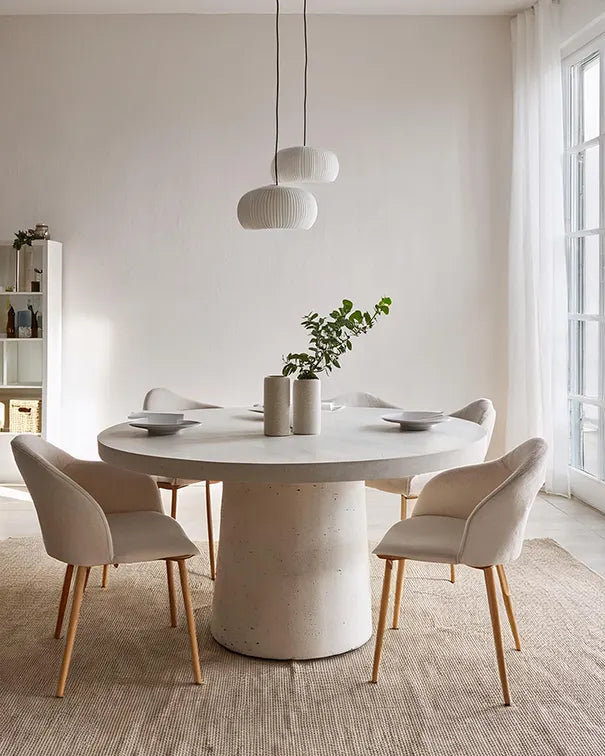 Small Round Concrete Dining Table in White with Cone Concrete Base